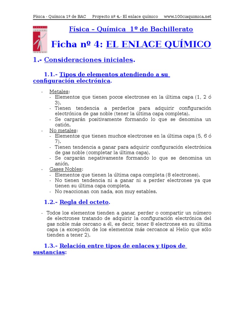 Ficha 4 - El Enlace Qu¡Mico | PDF | Polaridad química | Enlace químico