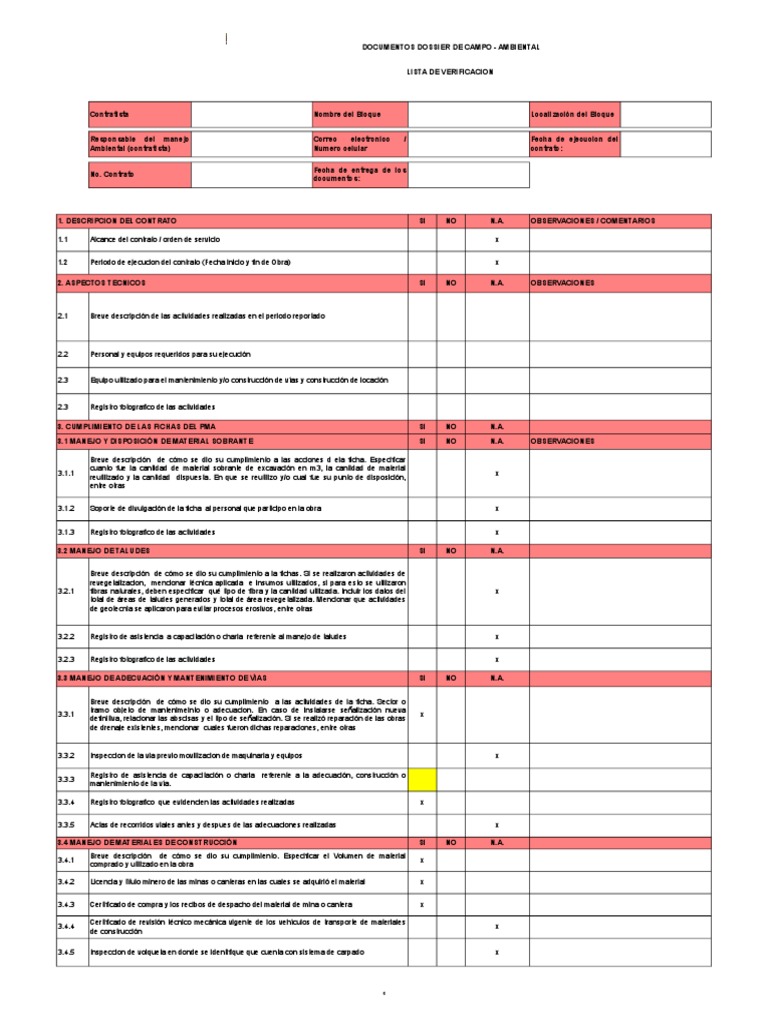 Documento de verificación ambiental de campo que resume el cumplimiento ...