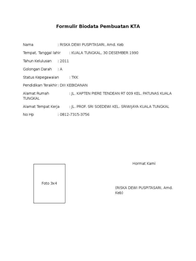 Formulir Biodata Pembuatan KTA | PDF