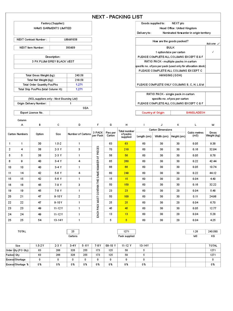 Garment Packing List Template Excel | PDF