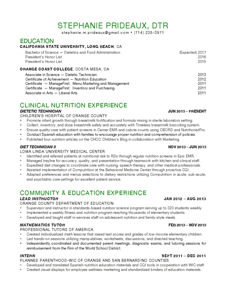 Resume - Dietetics | PDF | Dietitian | Health Care