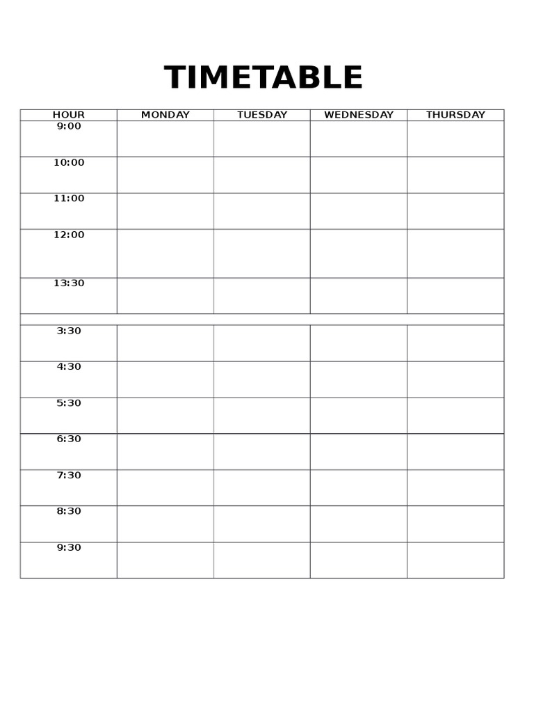 Timetable: Hour Monday Tuesday Wednesday Thursday 9:00 | PDF