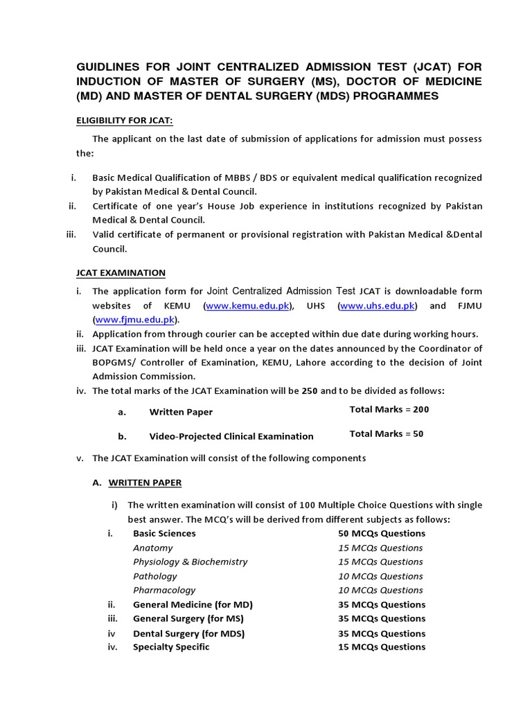 Jcat Guidlines | PDF | Doctor Of Medicine | Dental Degree