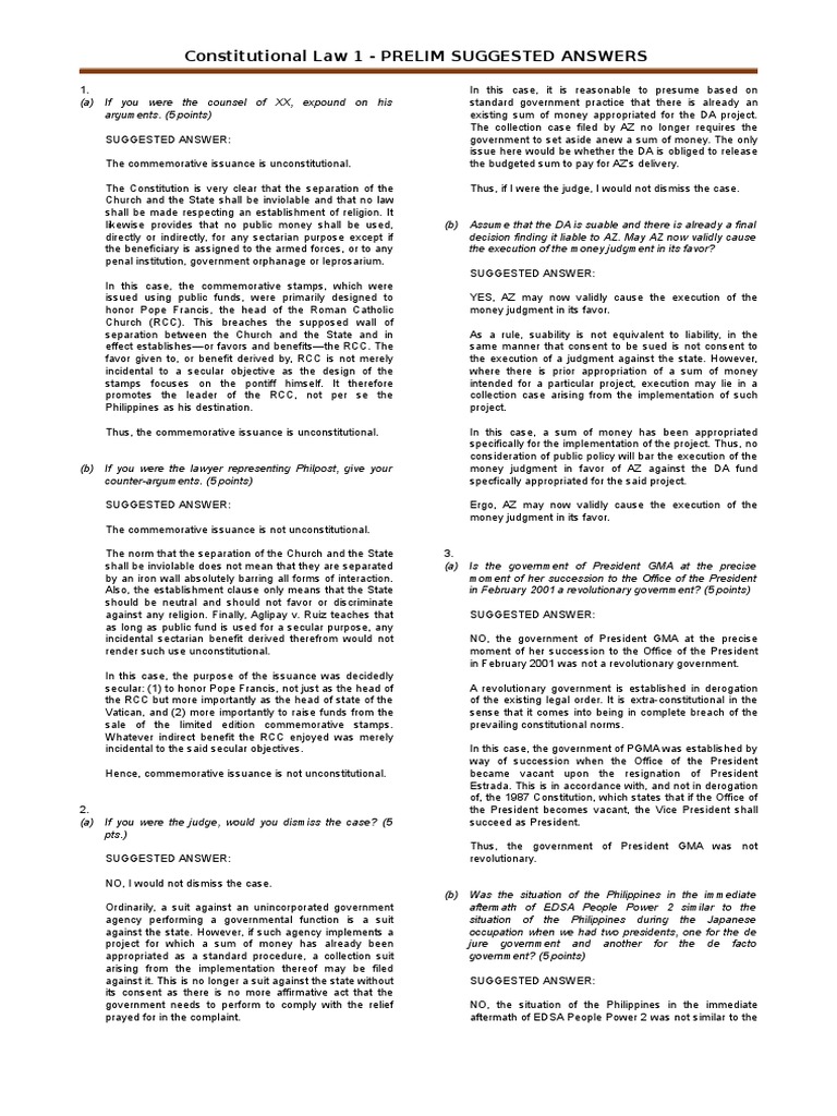 Consti 1 - Sy 2016-2017 - Prelim Exam Suggested Answers | PDF ...