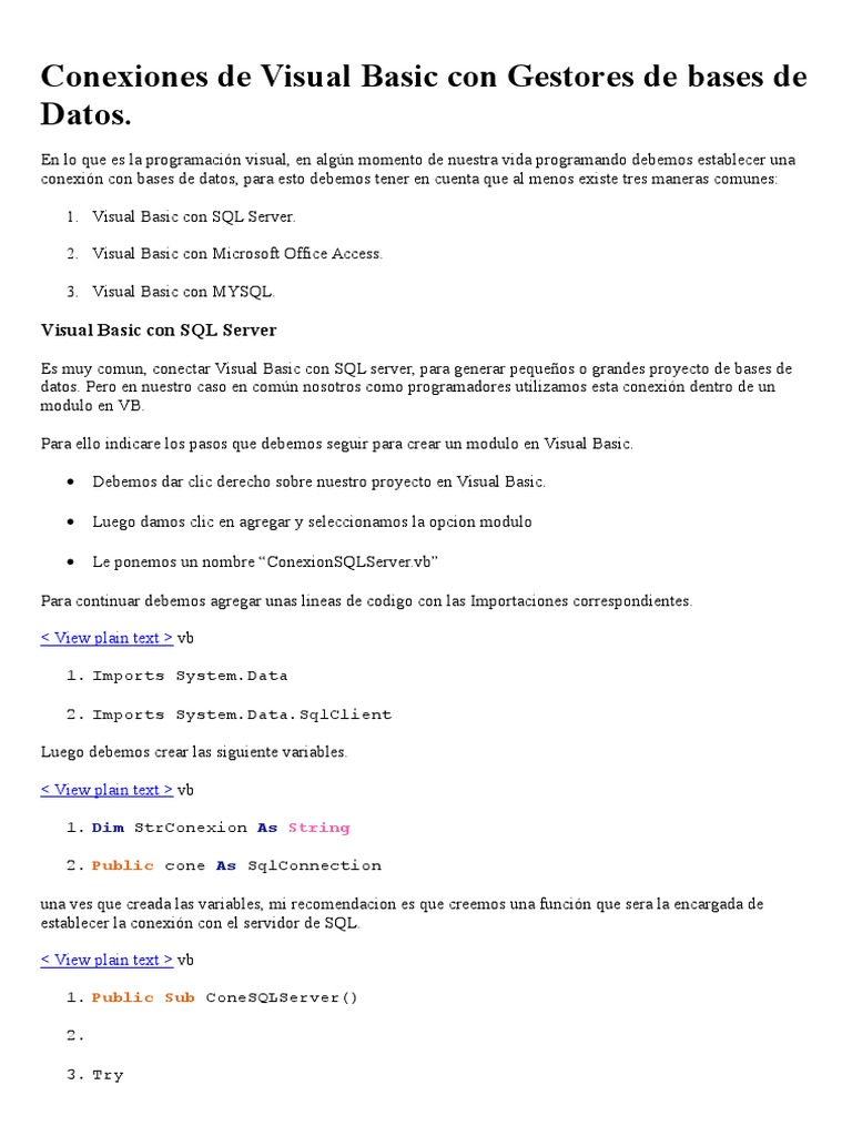 Conexiones de Visual Basic Con Gestores de Bases de Datos | PDF | Básico | Servidor SQL de Microsoft