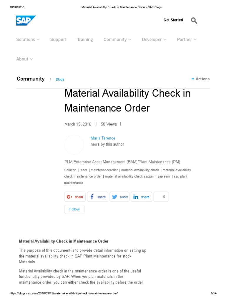 Material Availability Check in Maintenance Order - SAP Blogs | PDF | Sap Se | Information Technology