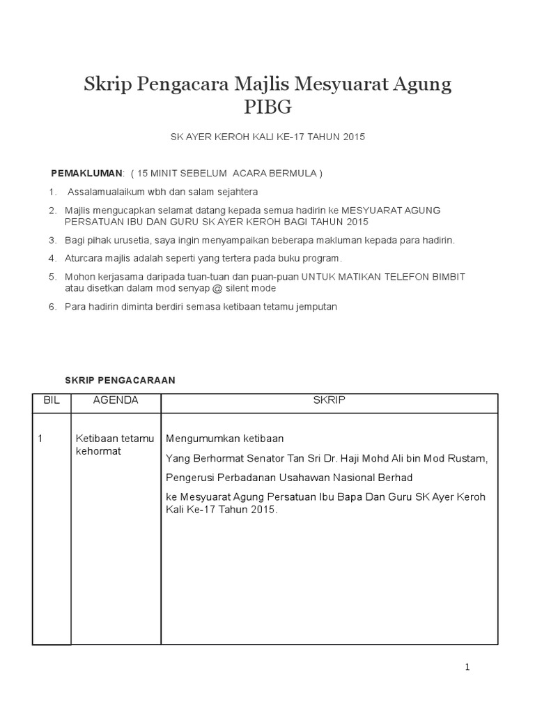 Skrip Pengacara Majlis Mesyuarat Agung PIBG | PDF