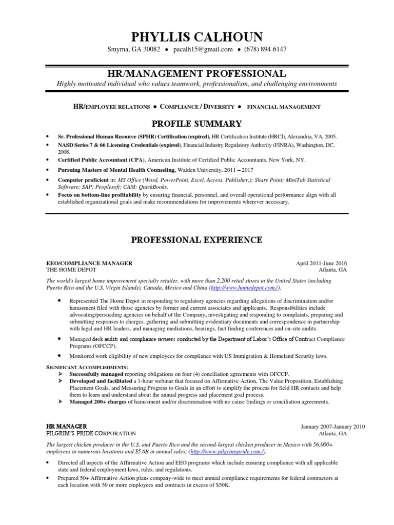 HR Compliance Manager in Atlanta GA Resume Phyllis Calhoun | PDF ...