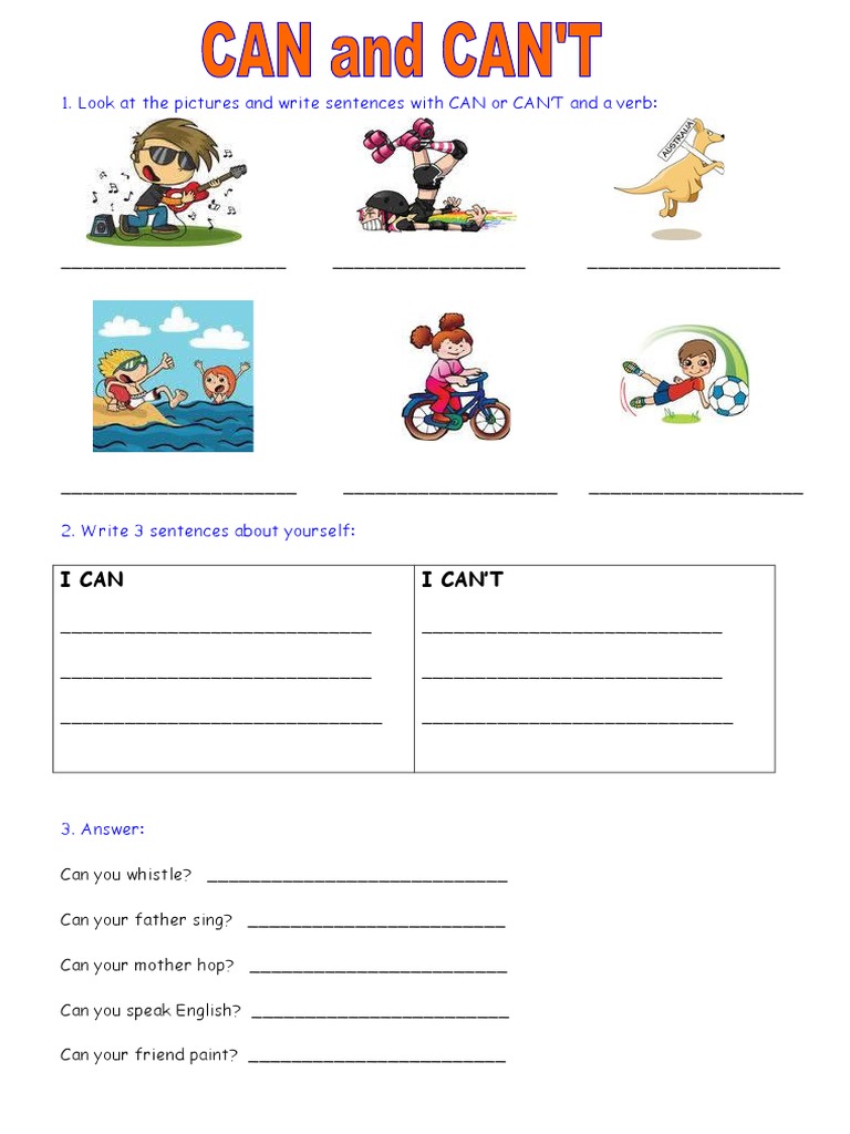 Look at The Pictures and Write Sentences With CAN or CAN'T and A Verb | PDF