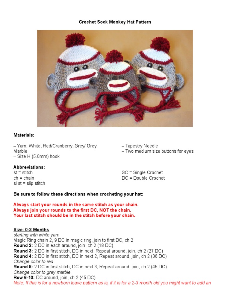 Crochet Sock Monkey Hat Pattern | PDF | Crochet | Textile Arts