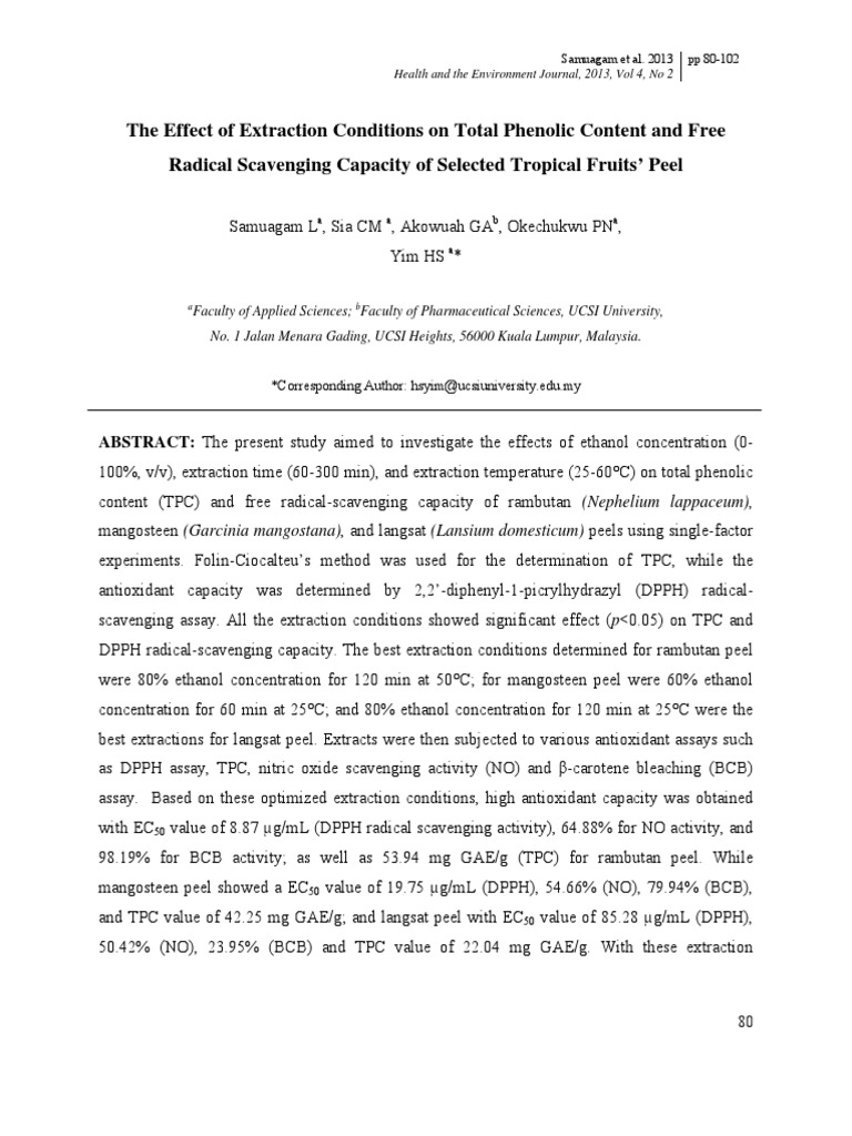 The Effect of Extraction Conditions On Total Phenolic Content and Free ...