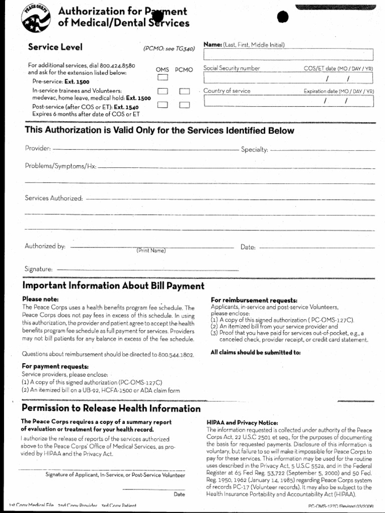 Peace Corps Standard Form 127C (Authorization For Payment Dental) | PDF