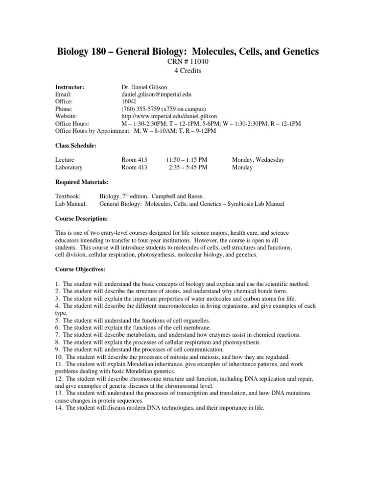 Bio 180 Syllabus | PDF | Gene | Cell (Biology)