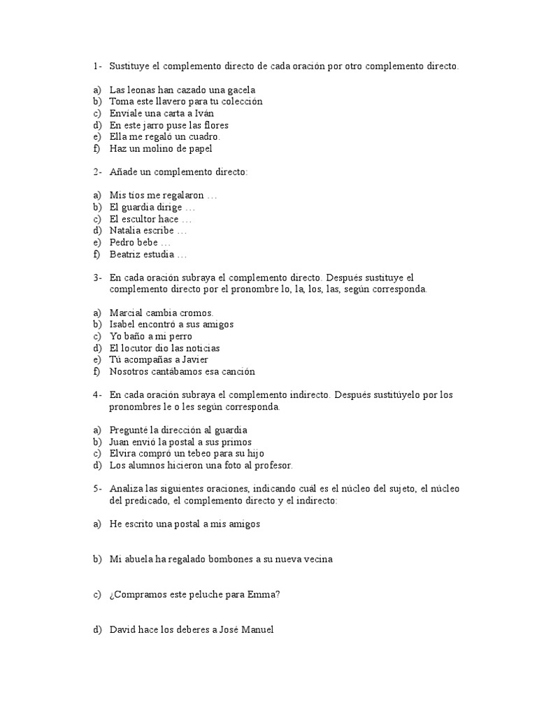 Ejercicios de Complementos Directos e Indirectos | PDF