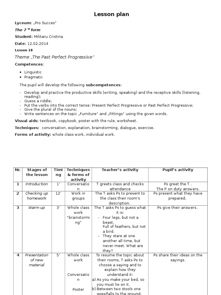 Past Perfect Progressive Lesson Plan | PDF | Onomastics | Rules