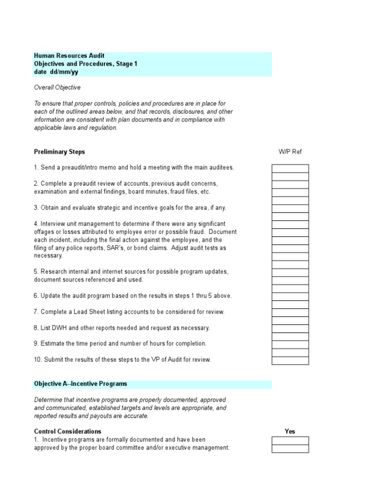 Human Resources Audit Objectives and Procedures, Stage 1 Date Dd/mm/yy ...