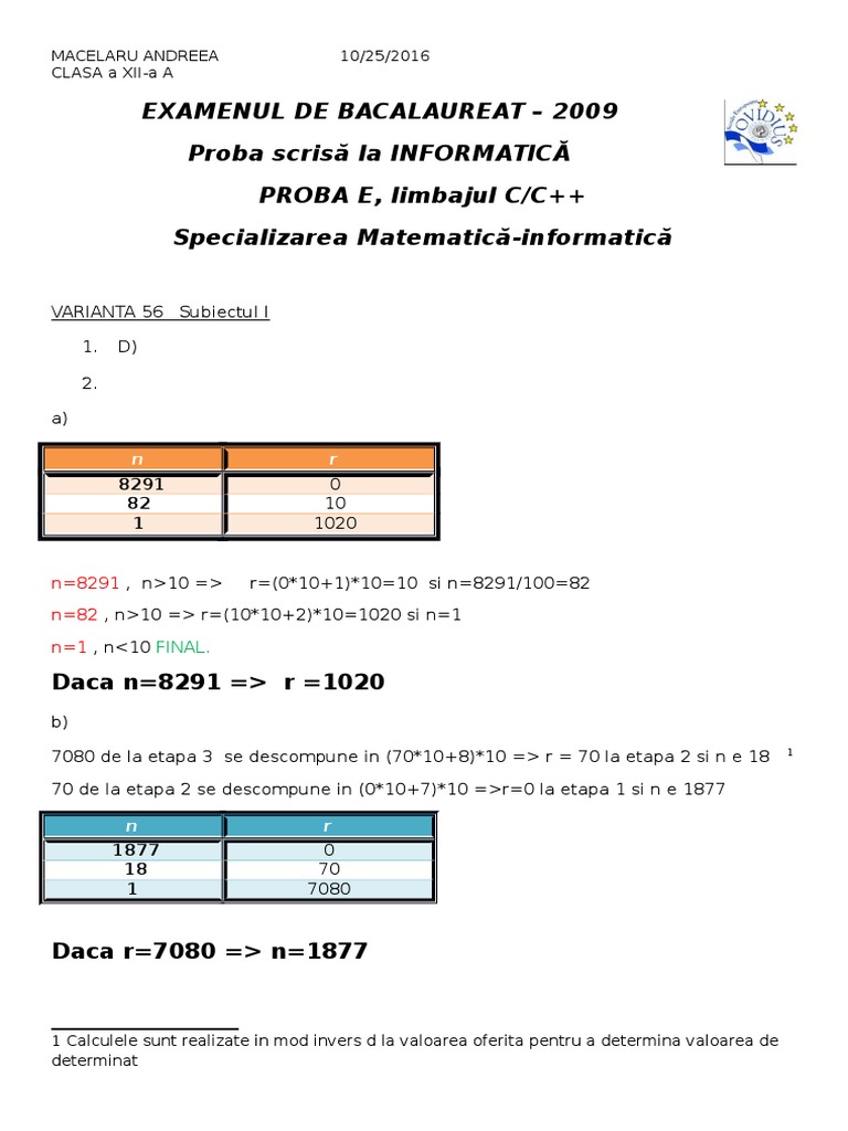 Varianta 56 Rezolvare Bac Info 2009 | PDF