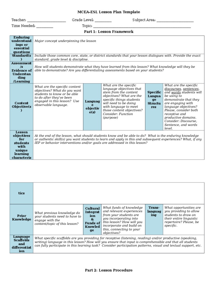 Mcea Esl Lesson Plan Template | Download Free PDF | Lesson Plan ...