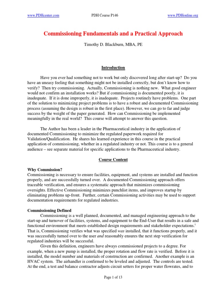 Commissioning Fundamentals and A Practical Approach: PDH Course P146 | PDF | Verification And ...