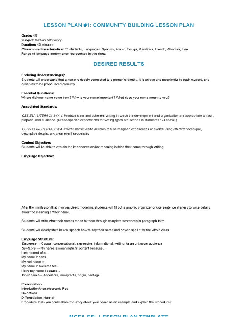 Lesson Plan #1: Community Building Lesson Plan: Grade: Subject ...