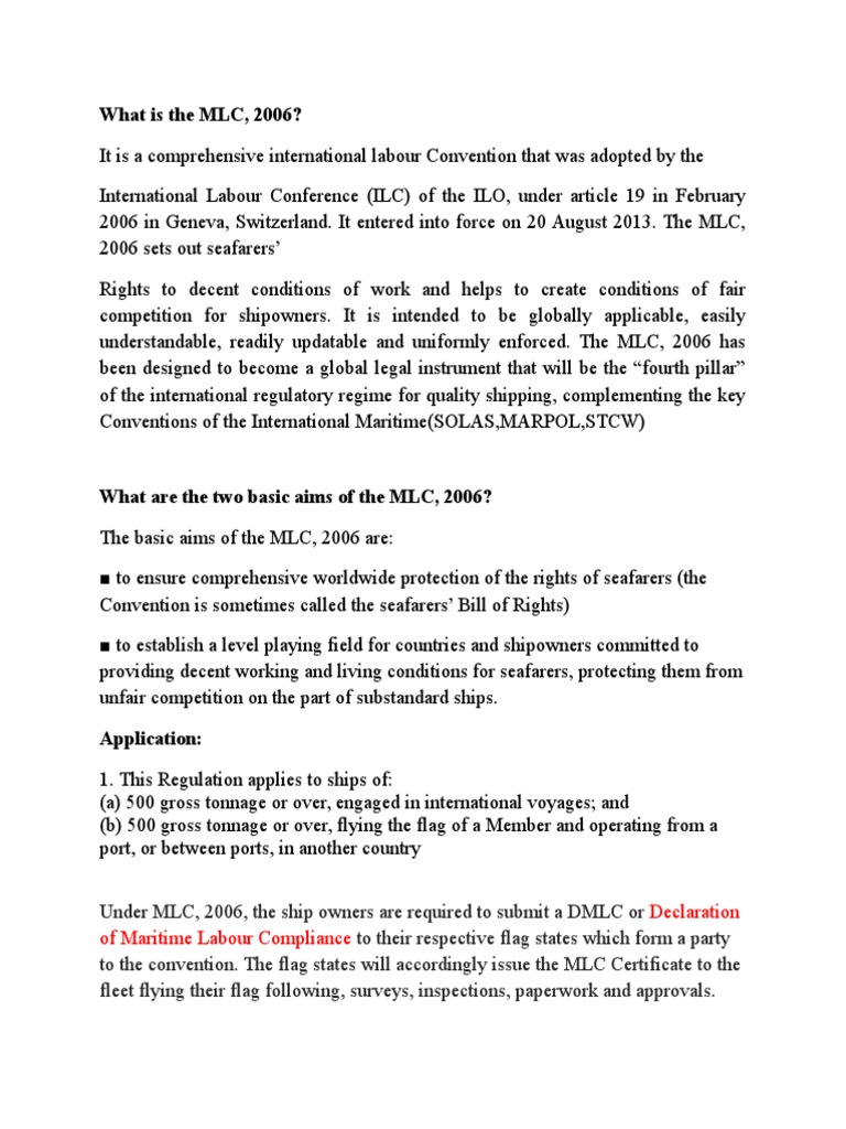 What Is The MLC, 2006?: Declaration of Maritime Labour Compliance | PDF ...