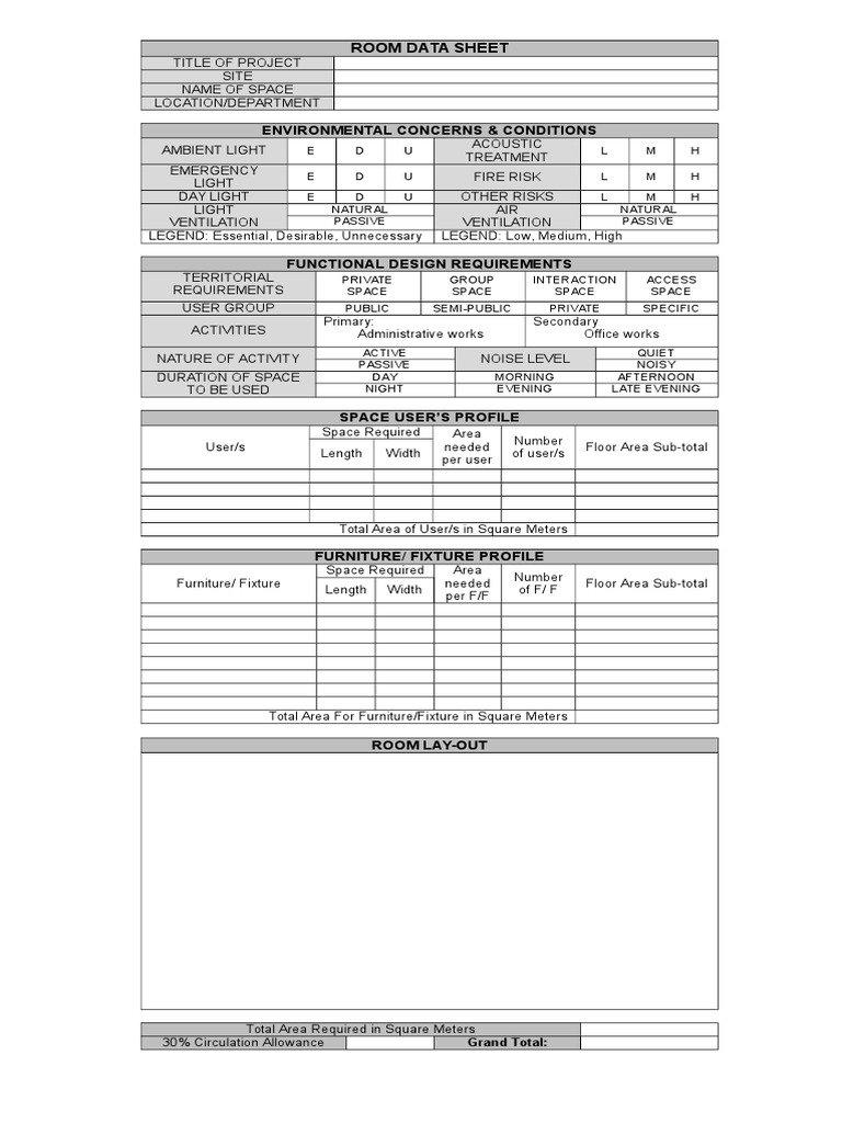Room Data Sheet Template