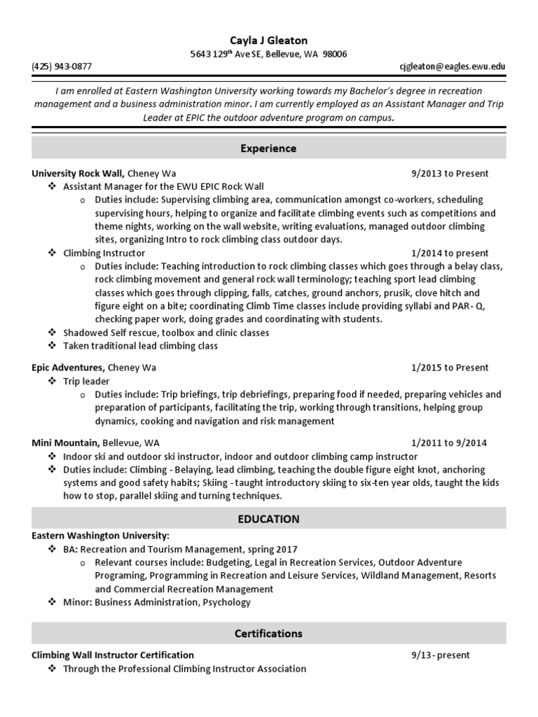 Cayla Resume For Weebly | PDF | Rock Climbing | Recreation