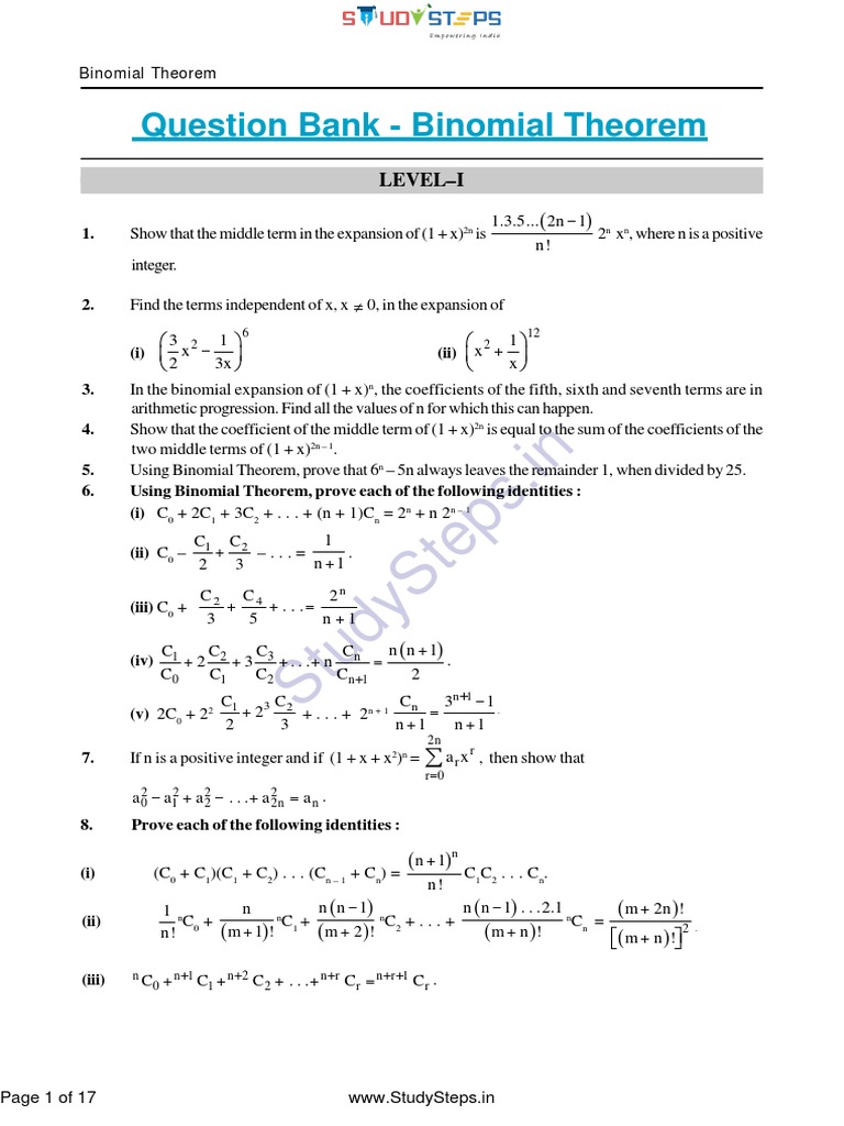 Binomial Theorum Question Bank | PDF | Polynomial | Abstract Algebra