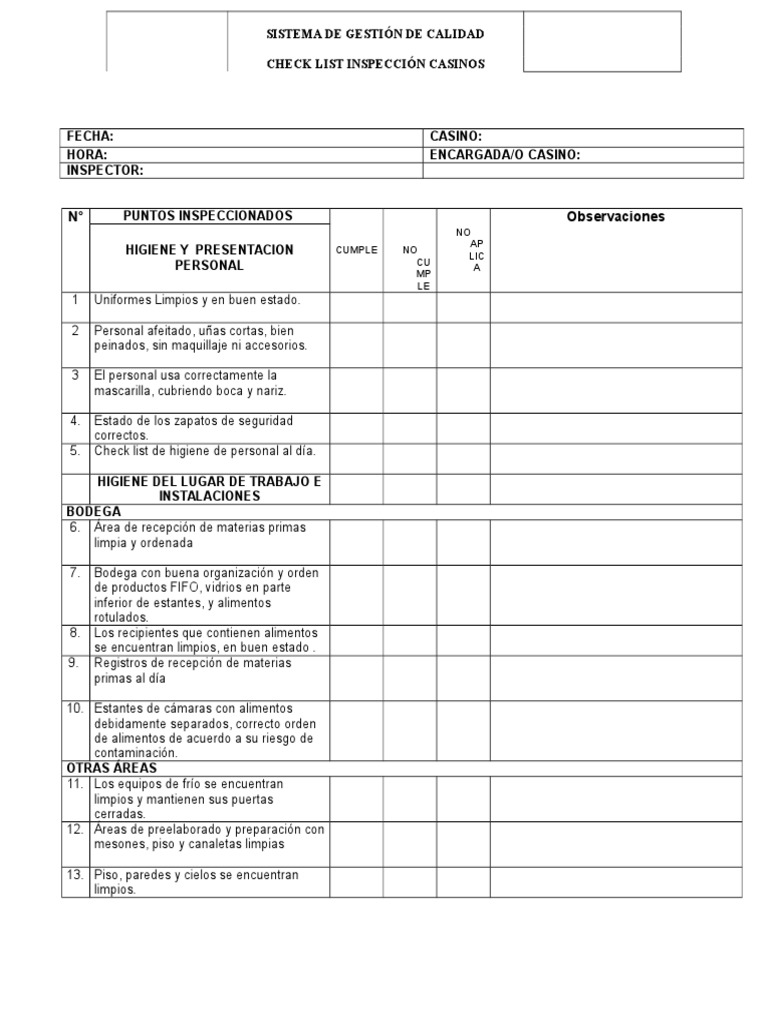 GC-RG-001 CHECKLIST Inspección Casinos ACTUALIZADO.doc | Alimentos ...