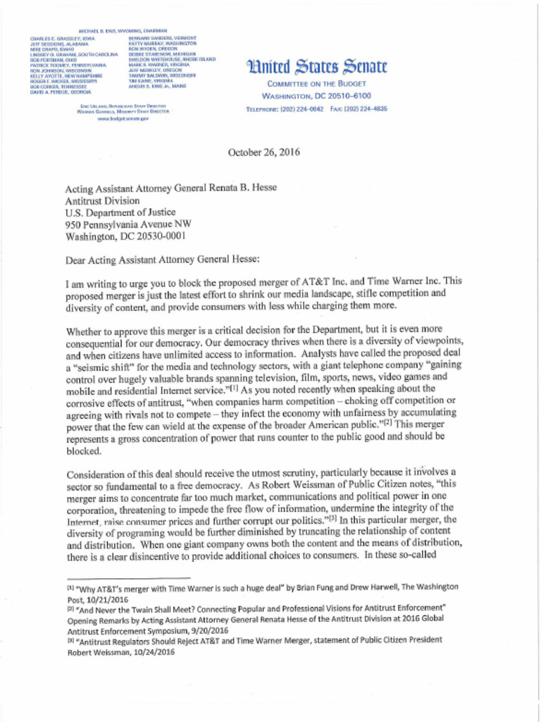 Senator Bernie Sanders Letter On Proposed AT&T and Time Warner Merger | PDF