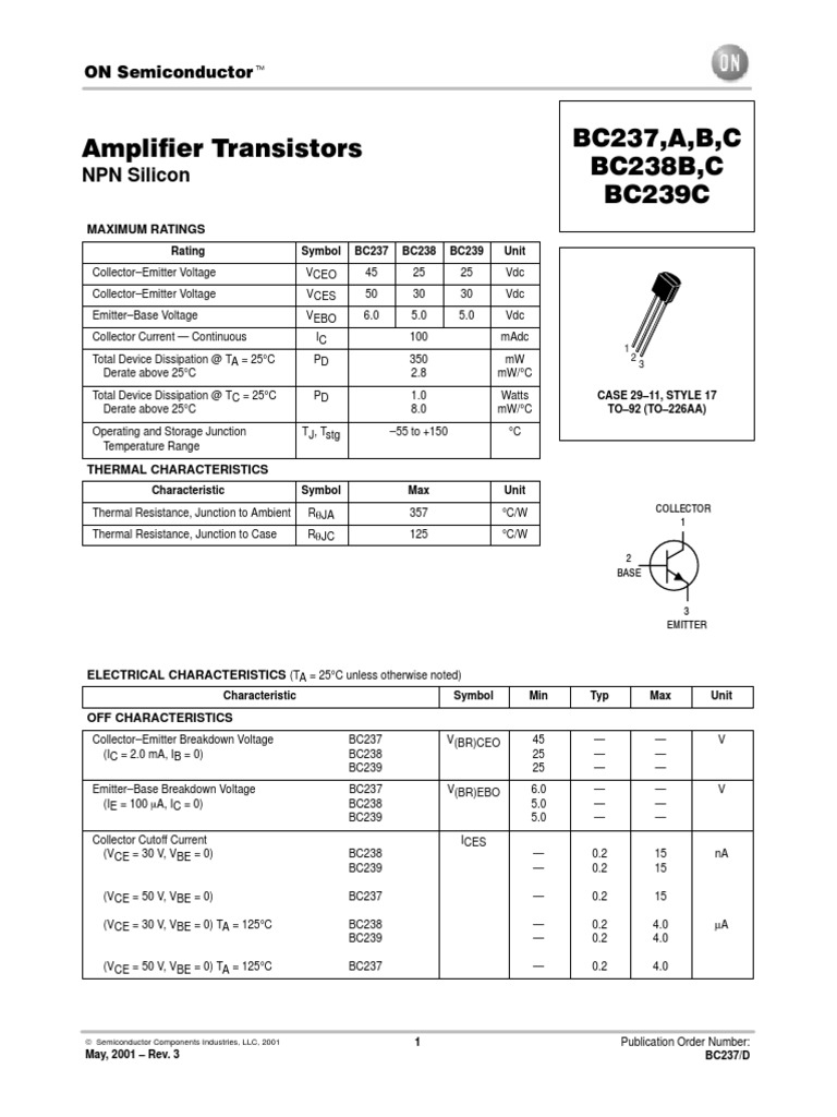 Amplifier Transistors BC237, A, B, C BC238B, C BC239C: NPN Silicon ...