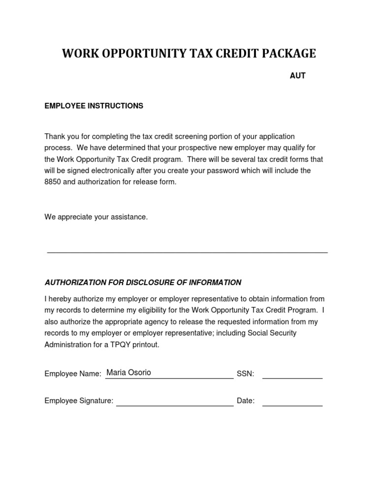 Work Opportunity Tax Credit Package: Employee Instructions | PDF ...