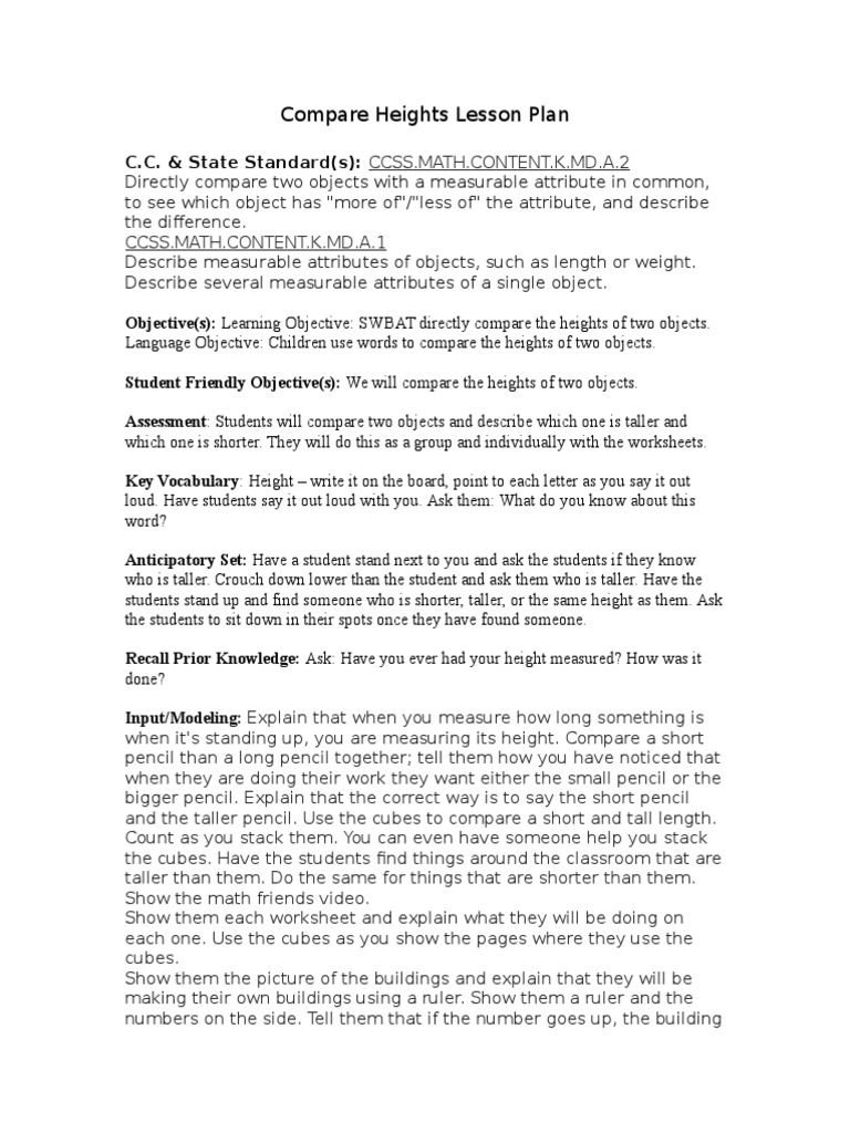 Compare Heights Lesson Plan | PDF | Lesson Plan | Education Theory