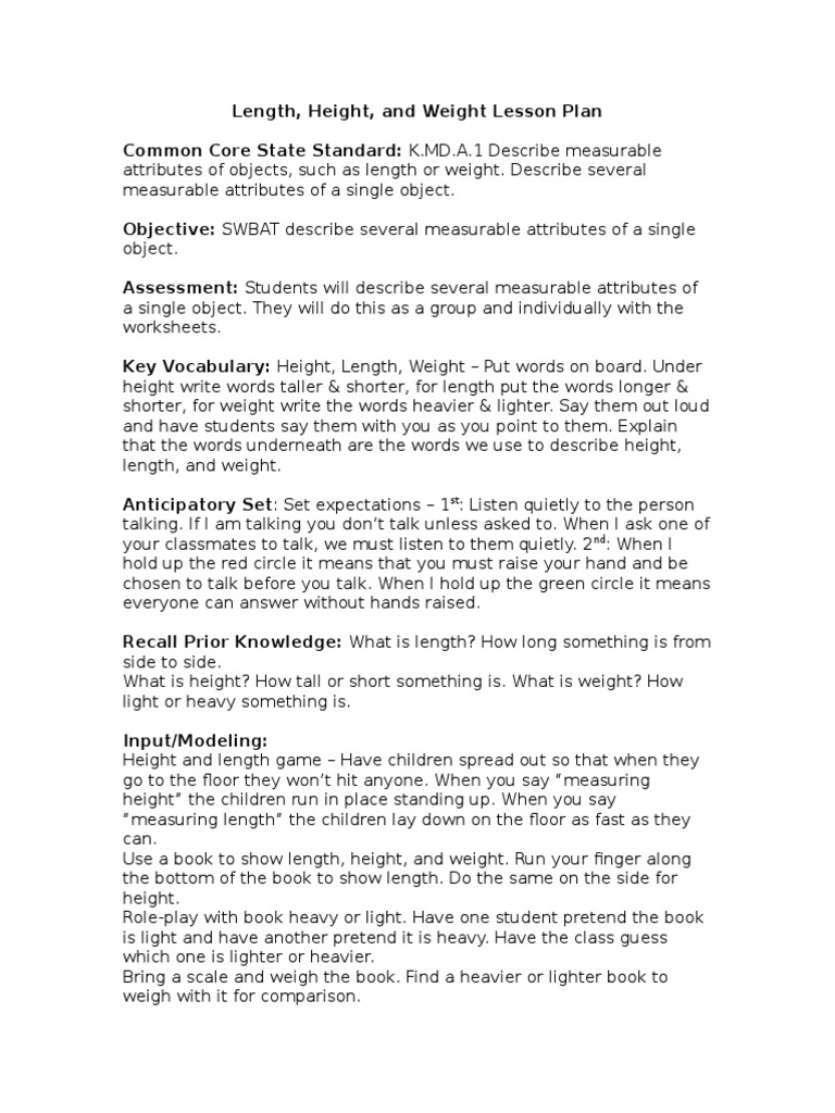 Length Height and Weight | PDF | Weight | Teaching