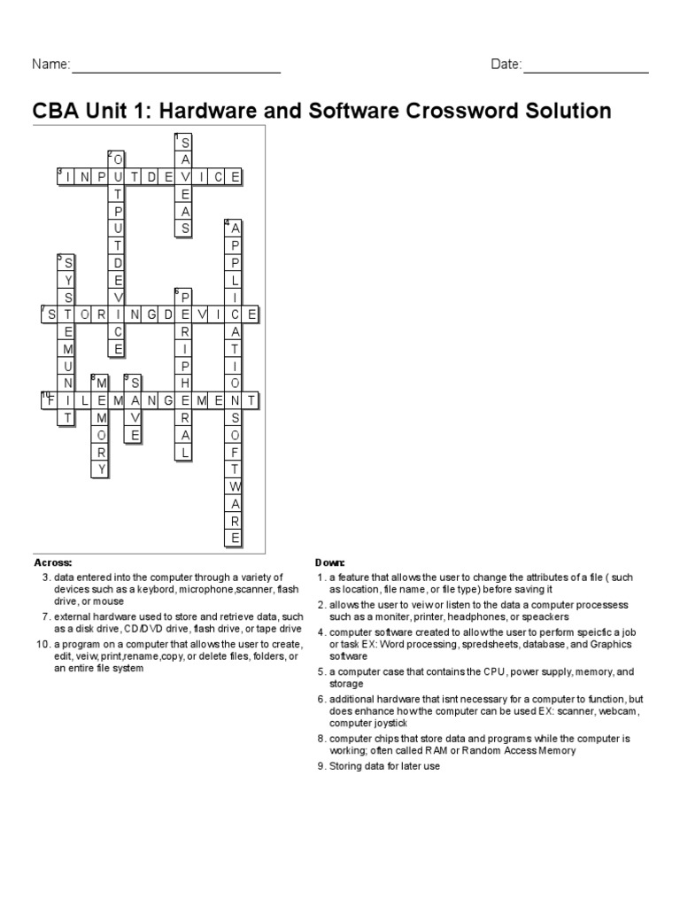 CBA Unit 1: Hardware and Software Crossword Solution: Name: Date | PDF