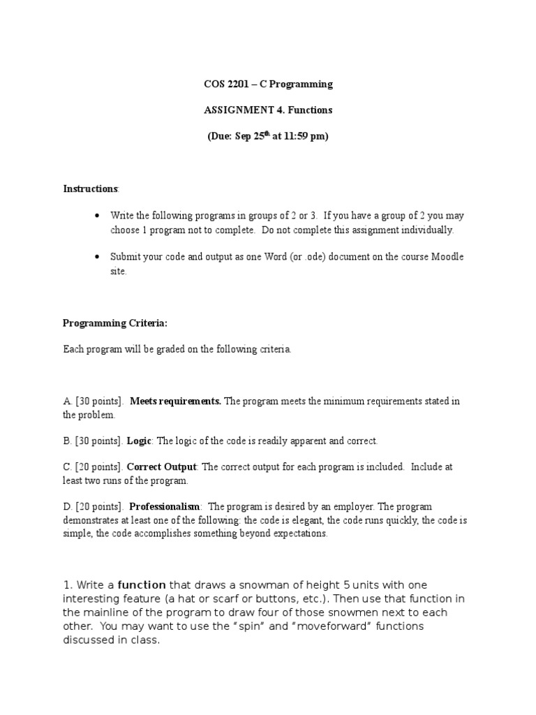 COS 2201 - C Programming ASSIGNMENT 4. Functions (Due: Sep 25 at 11:59 ...