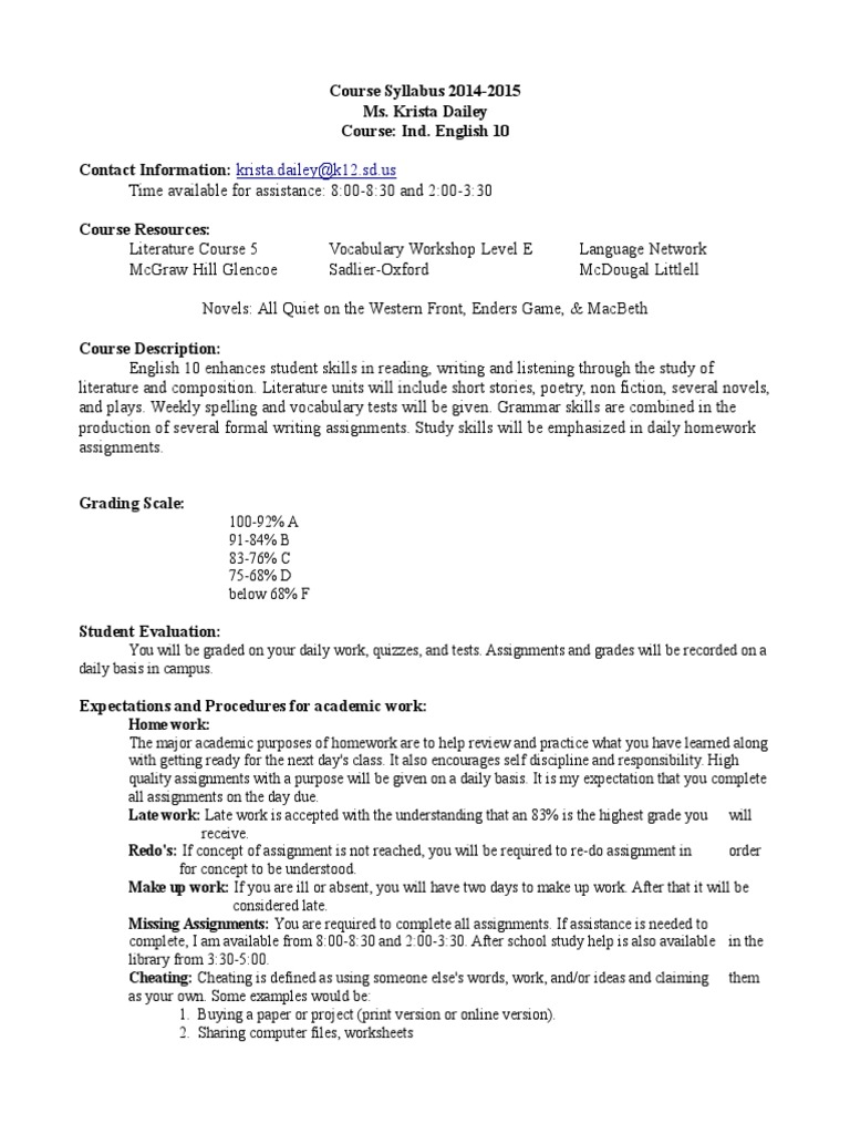 English 10 Syllabus | PDF | Homework | Profanity