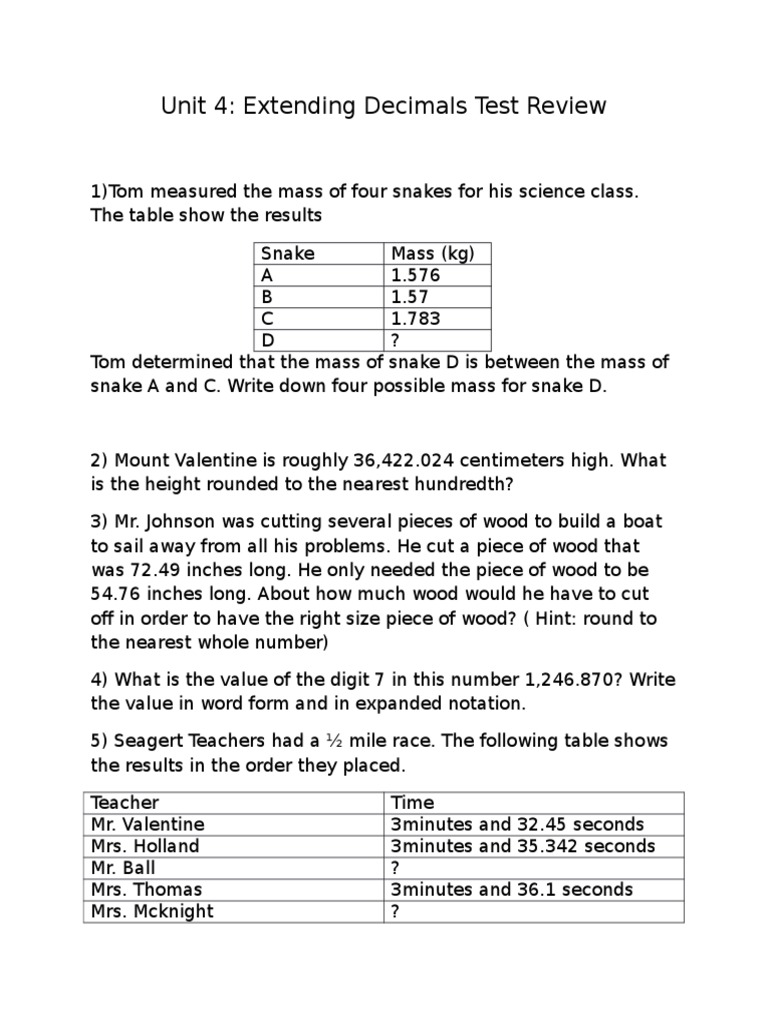 Unit 4: Extending Decimals Test Review | PDF | Teaching Methods & Materials