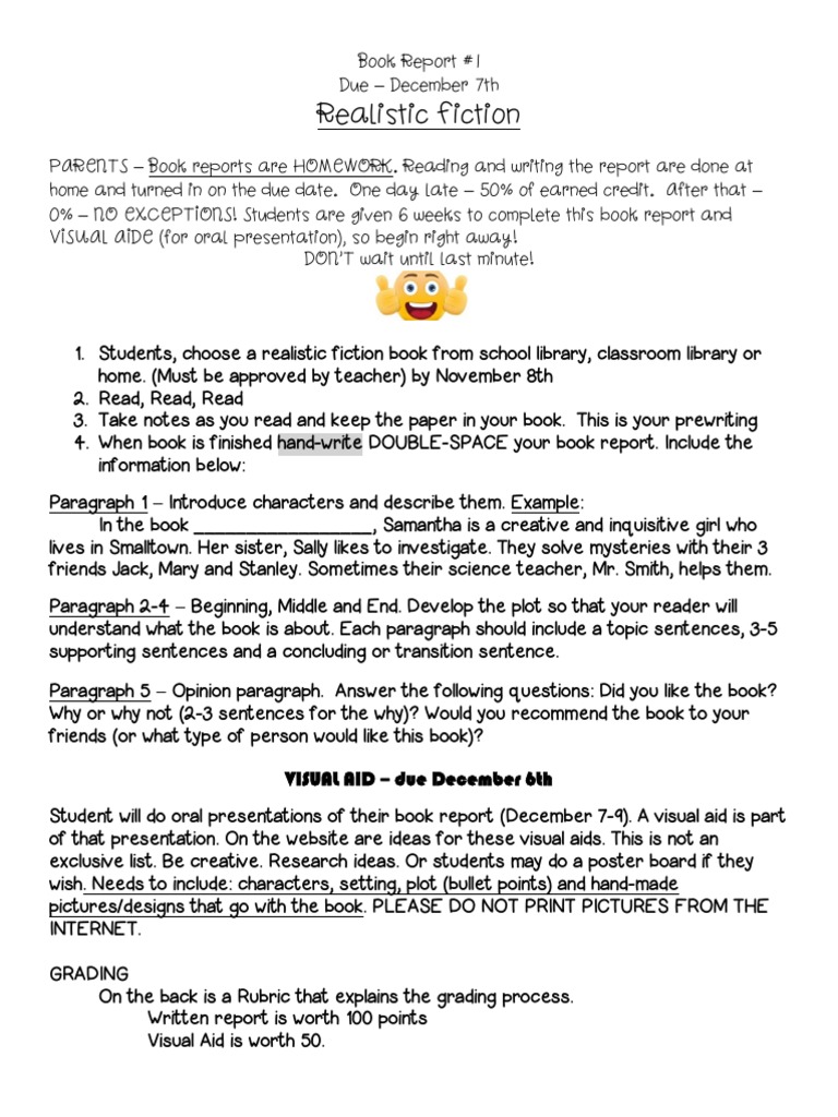 Book Report Letter Realistic Fiction and Rubric 2016 2017 | PDF ...
