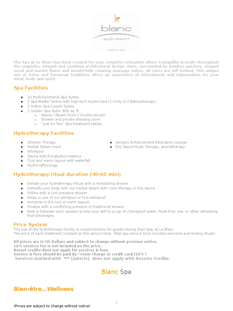 Le Blanc Spa Menu 2016 | Massage | Spa
