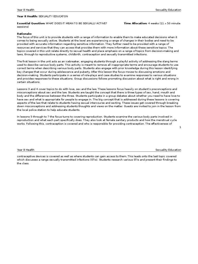 Year 8 Health Sex Ed Unit Plan | PDF | Sex Education | Sexual Intercourse