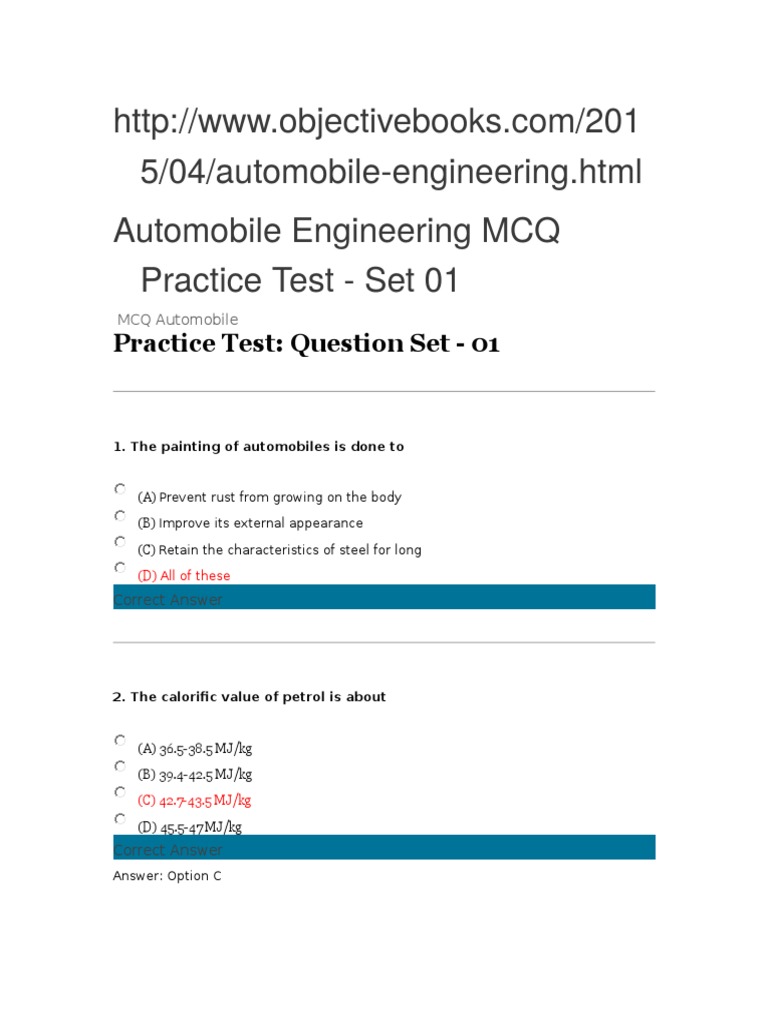 Automobile Engineering MCQ Practice Test PDF Internal Combustion Engine Carburetor