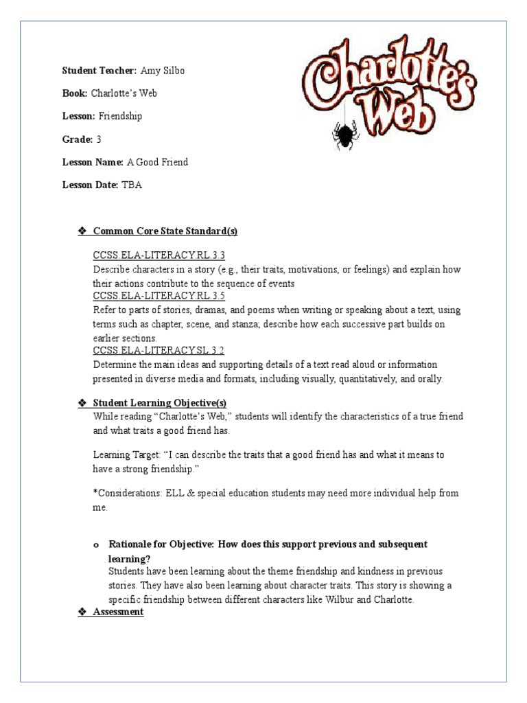 Lesson Plan 1 Charlotte's Web | Lesson Plan | Cognitive Science