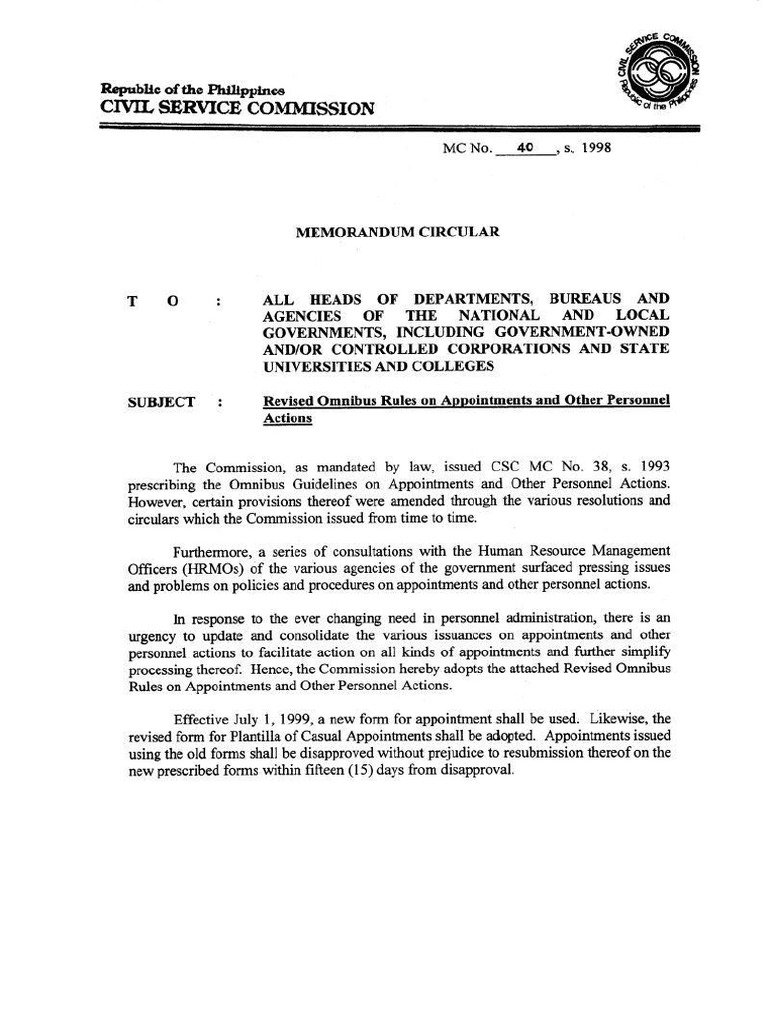 Civil Service Commission Memorandum Circular 40 S 1998 PDF | PDF