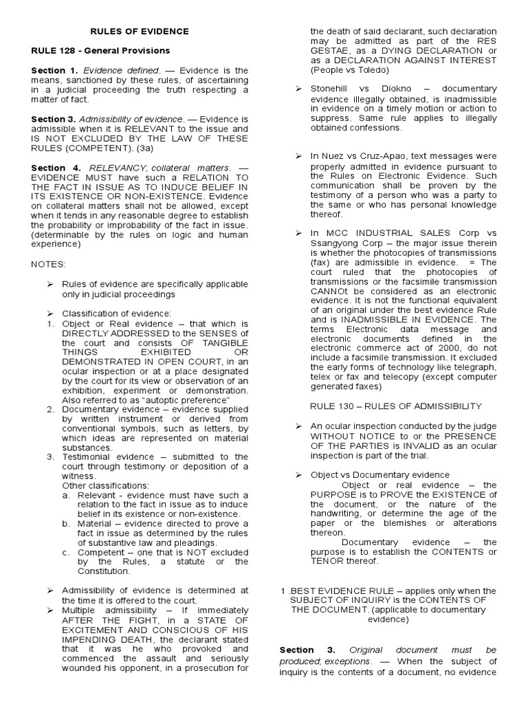 Rules of Evidence RULE 128 - General Provisions Section 1. Evidence ...