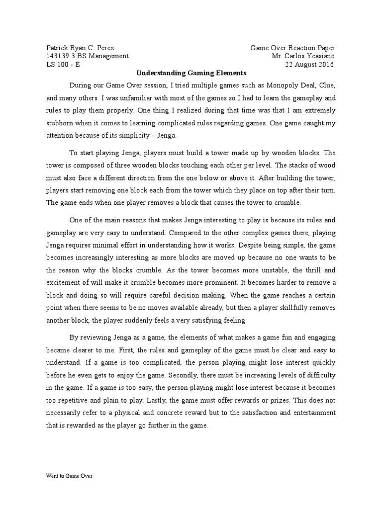 Understanding Gaming Elements: Went To Game Over | PDF