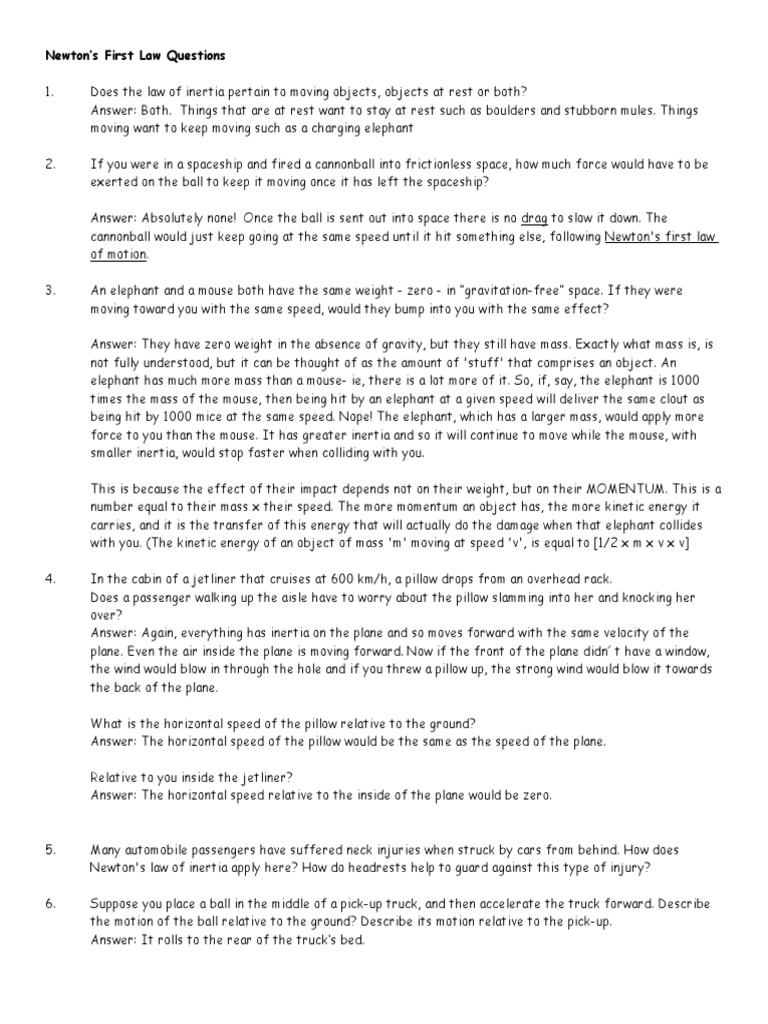 Newton's First Law Practice Questions | PDF | Inertia | Mass