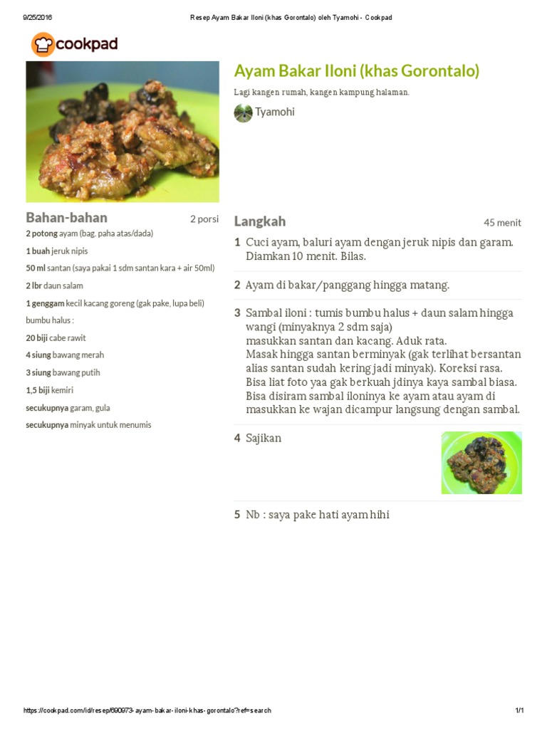 Resep Ayam Bakar Iloni (Khas Gorontalo) Oleh Tyamohi - Cookpad | PDF ...