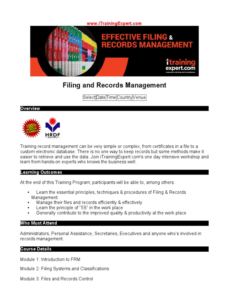 Filing and Records Management Workshop | PDF | Records Management ...