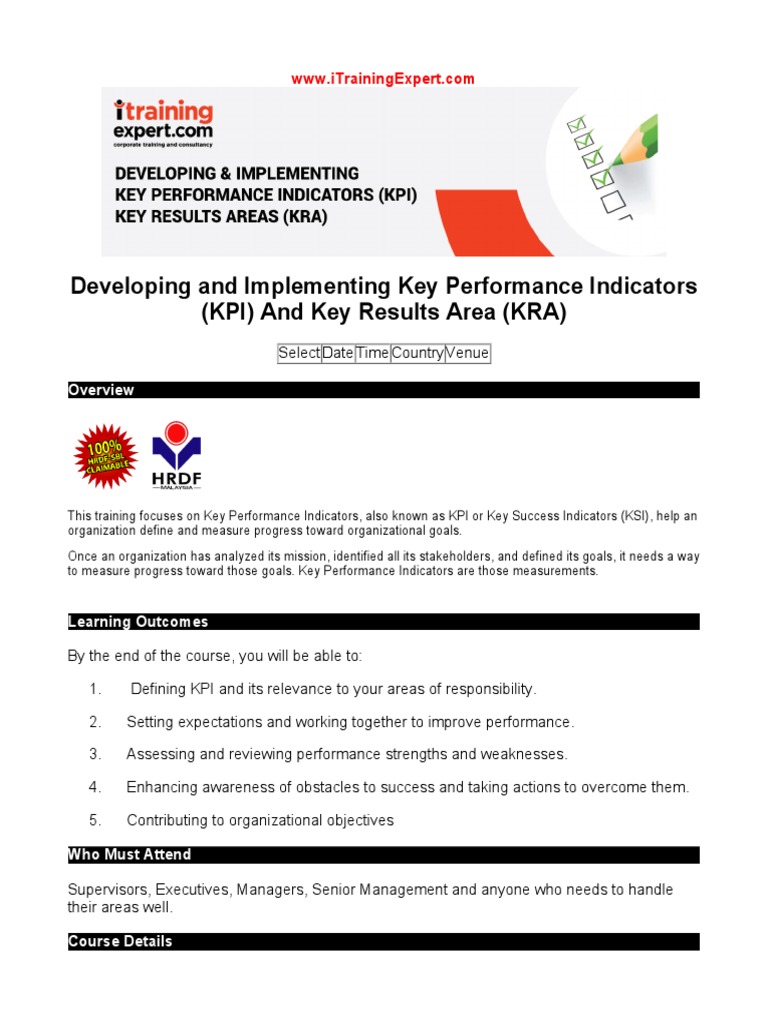 Developing and Implementing Key Performance Indicators (KPI) and Key ...